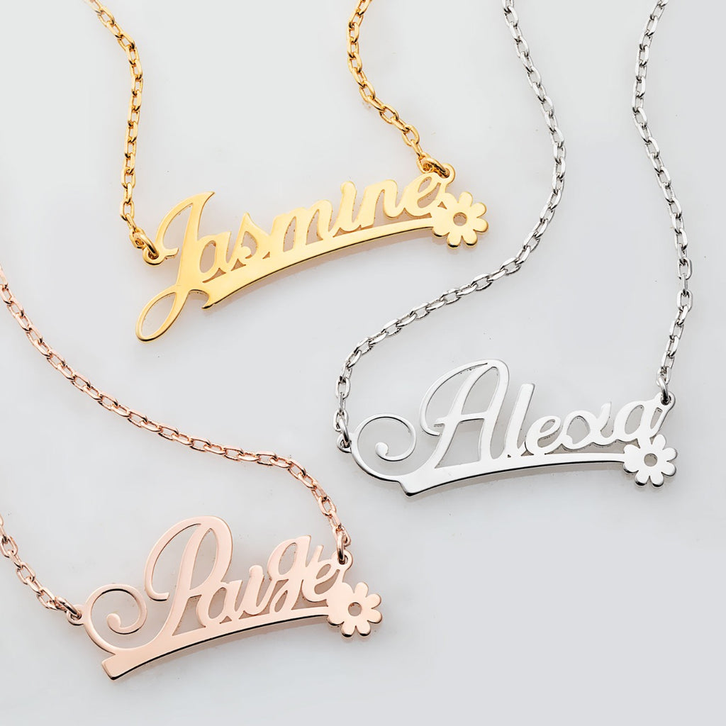 Fancy Script Name with Flower Underline Necklace – Limoges Jewelry