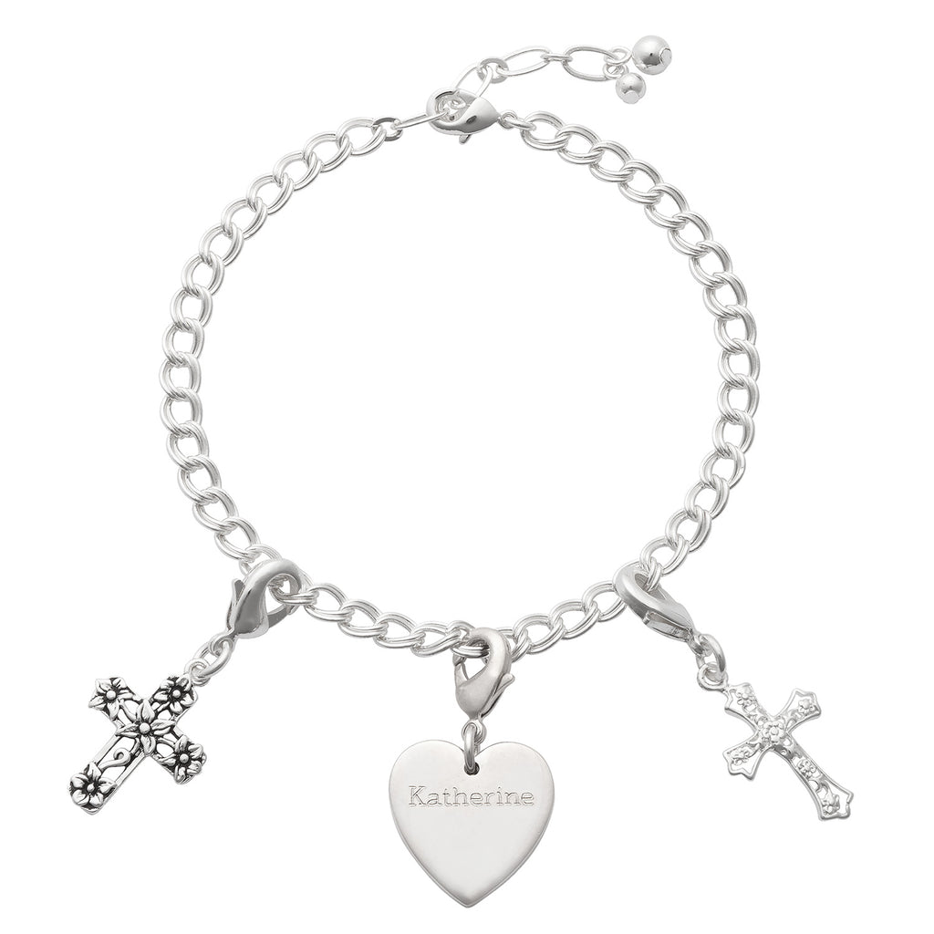 Silver Charm Engraved Heart with Filigree Crosses Bracelet – Limoges ...