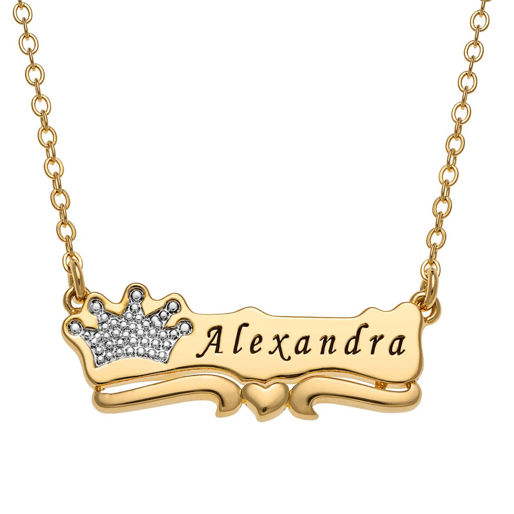 Two Tone Engraved Name with Crown Plaque Necklace – Limoges Jewelry