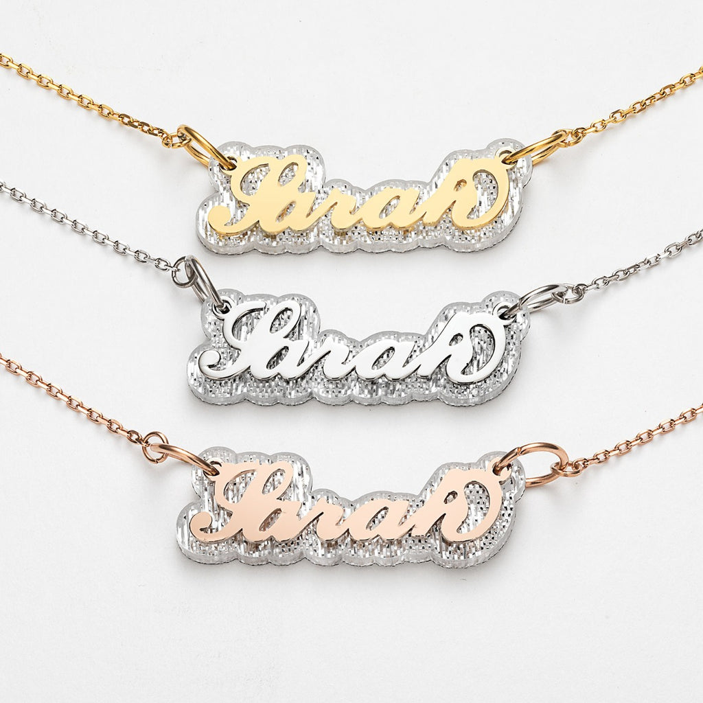 Stainless Steel Name on Clear Glitter Plaque Necklace – Limoges Jewelry