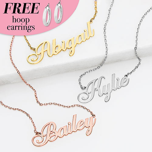 Sterling Silver Fancy Script Name Plaque with Free Hoop Earrings ...
