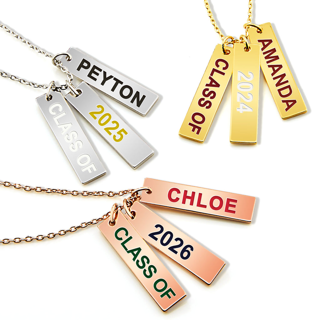 Graduation Charms Engraved Enamel Triple Tag Necklace – Limoges Jewelry