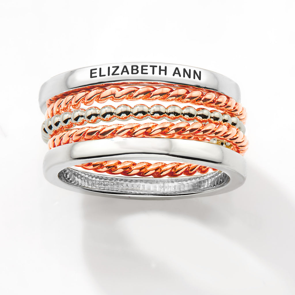 Two-Tone Silver and Rose Gold Plated Personalized Roped Stackable 5 Ri ...