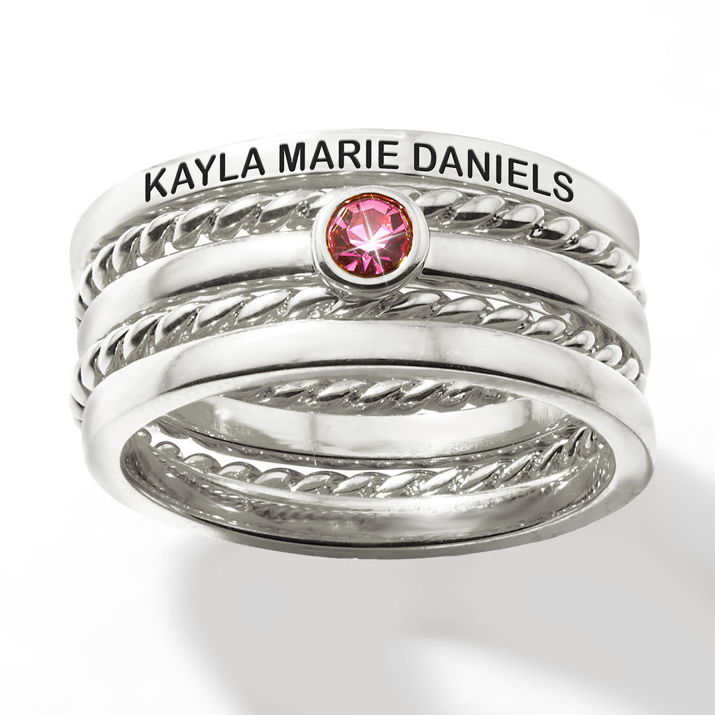 Silver Plated Engraved Birthstone Roped Stackable 5 Ring Set – Limoges ...